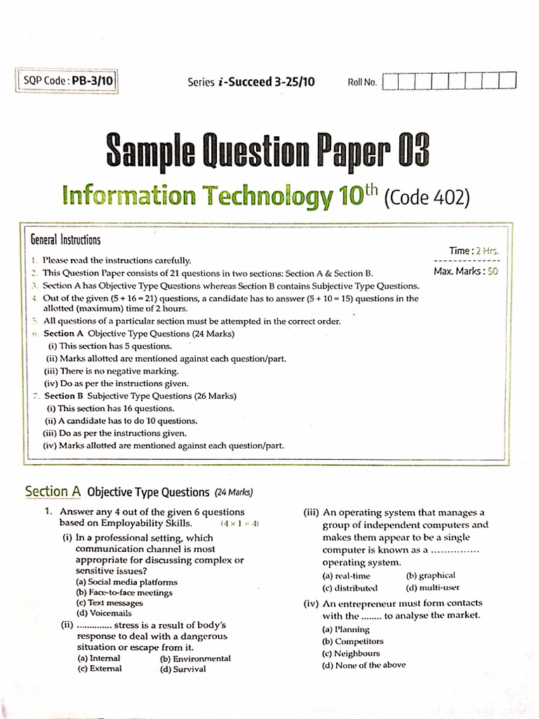 Sample Paper 3 IT Class 10 | PDF