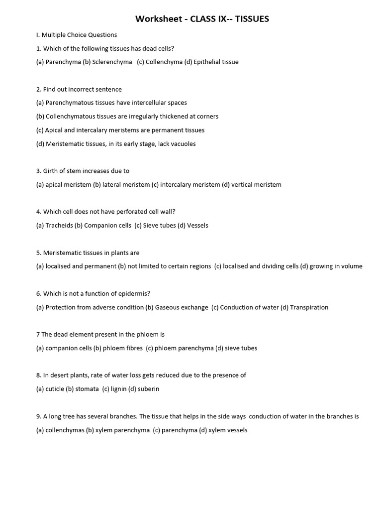 IX - Div D - Science - Worksheet Tissue | PDF | Tissue (Biology ...