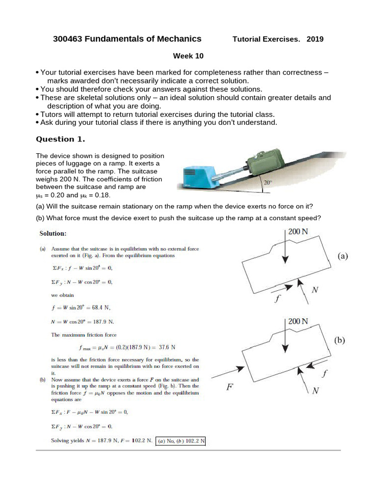 FoM 2021 - Week 12 - Tute Set 10 - Solutions - Friction + F Ma | PDF ...