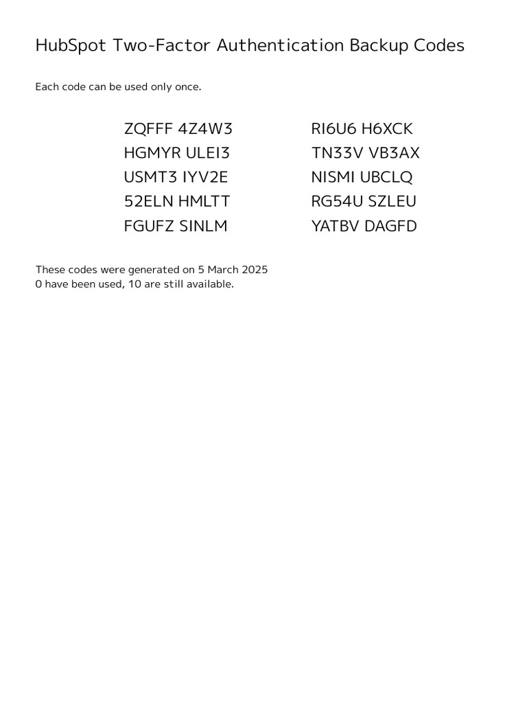 Hubspot Two-Factor Authentication Backup Codes | PDF