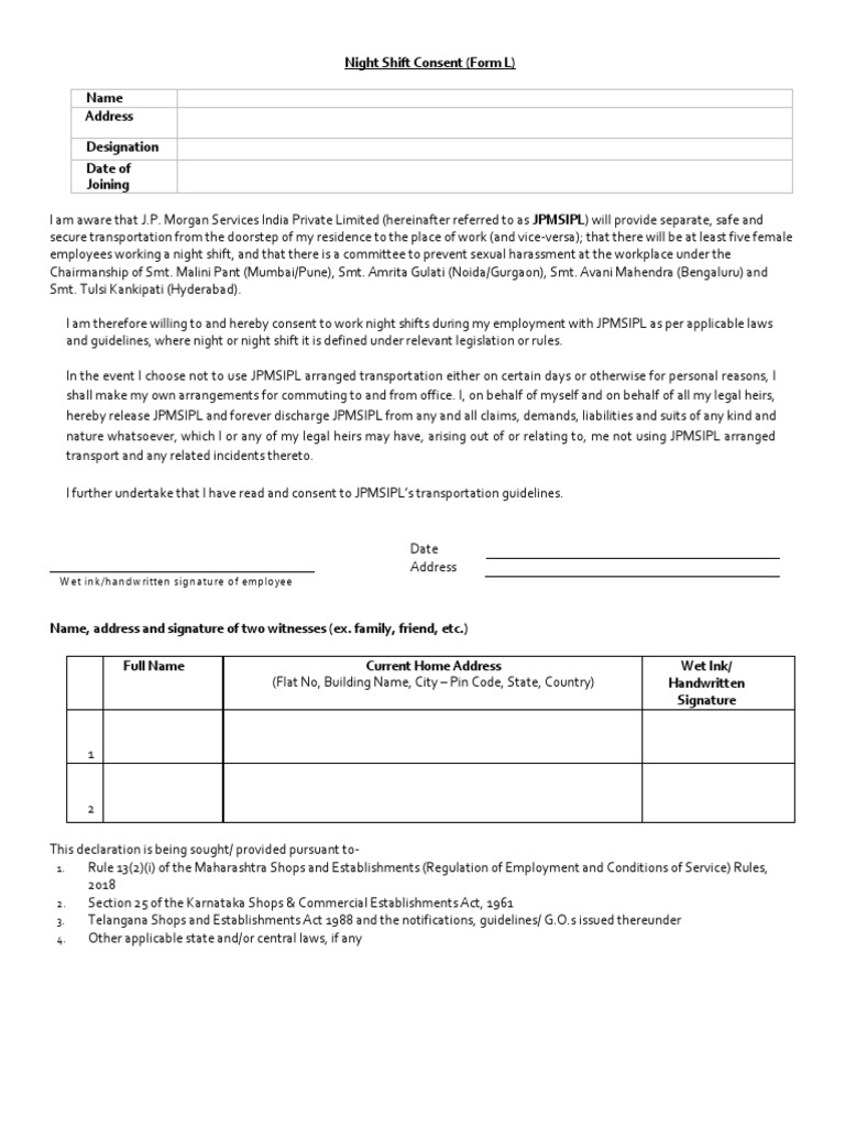 Night Shift Consent Form for JP Morgan | PDF | Justice | Crime & Violence
