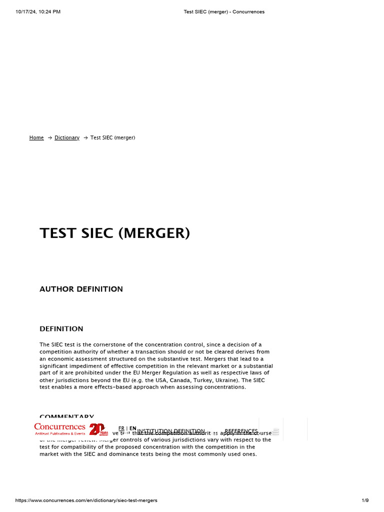 Test SIEC (Merger) - Concurrences | PDF | Competition Law | Mergers And ...