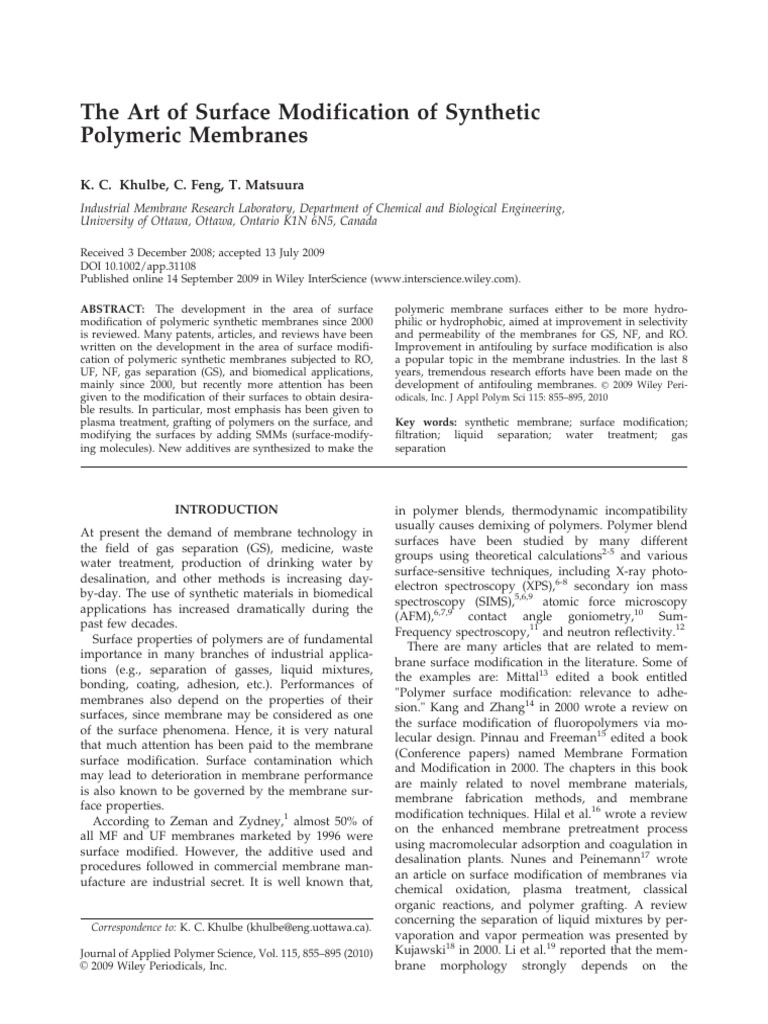 The Art of Surface Modification of Synth | PDF | Membrane | Polymers