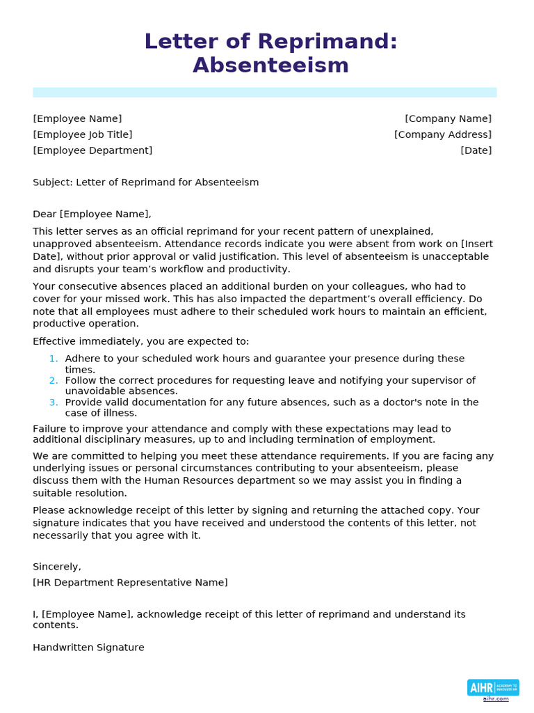 Reprimand Letter for Absenteeism | PDF