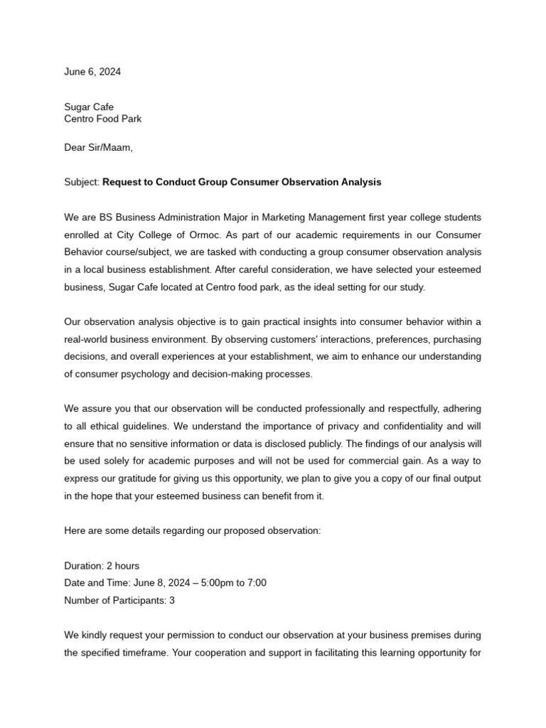 Consumer Observation Request at Sugar Cafe | PDF | Consumer Behaviour ...