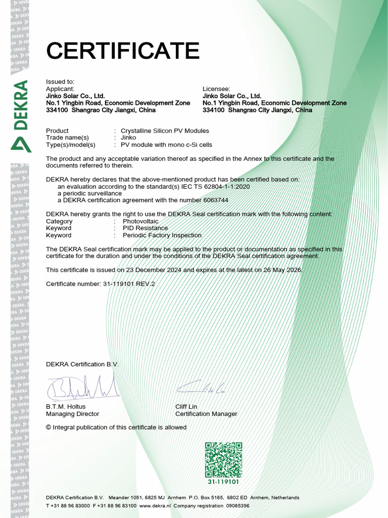 Jinko Solar PV Modules Certification | PDF | Solar Panel | Photovoltaics