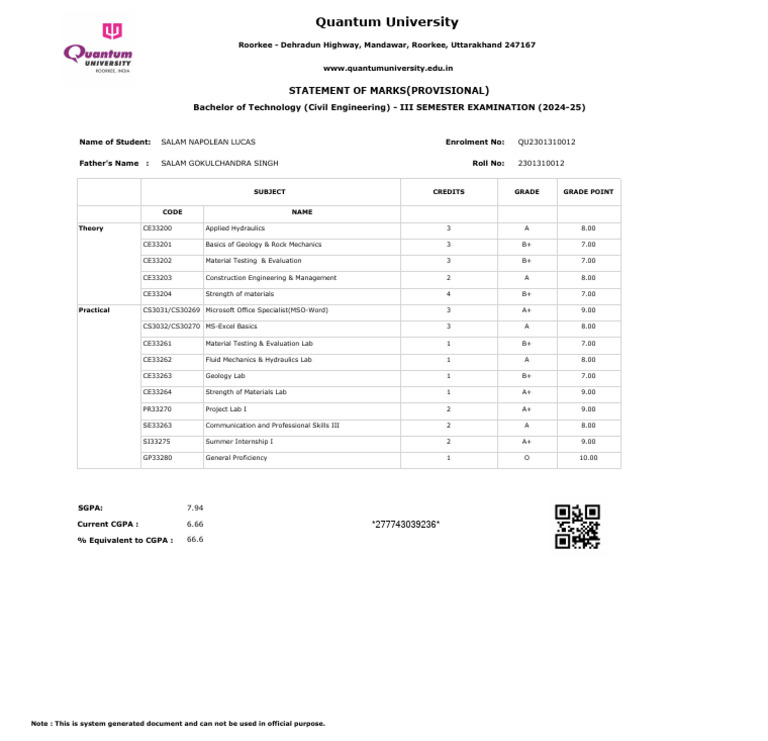 Provisional Marks Statement - B.Tech Civil | PDF