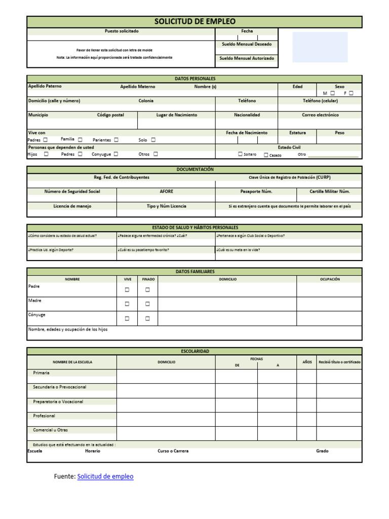 Formato Solicitud de Empleo | PDF