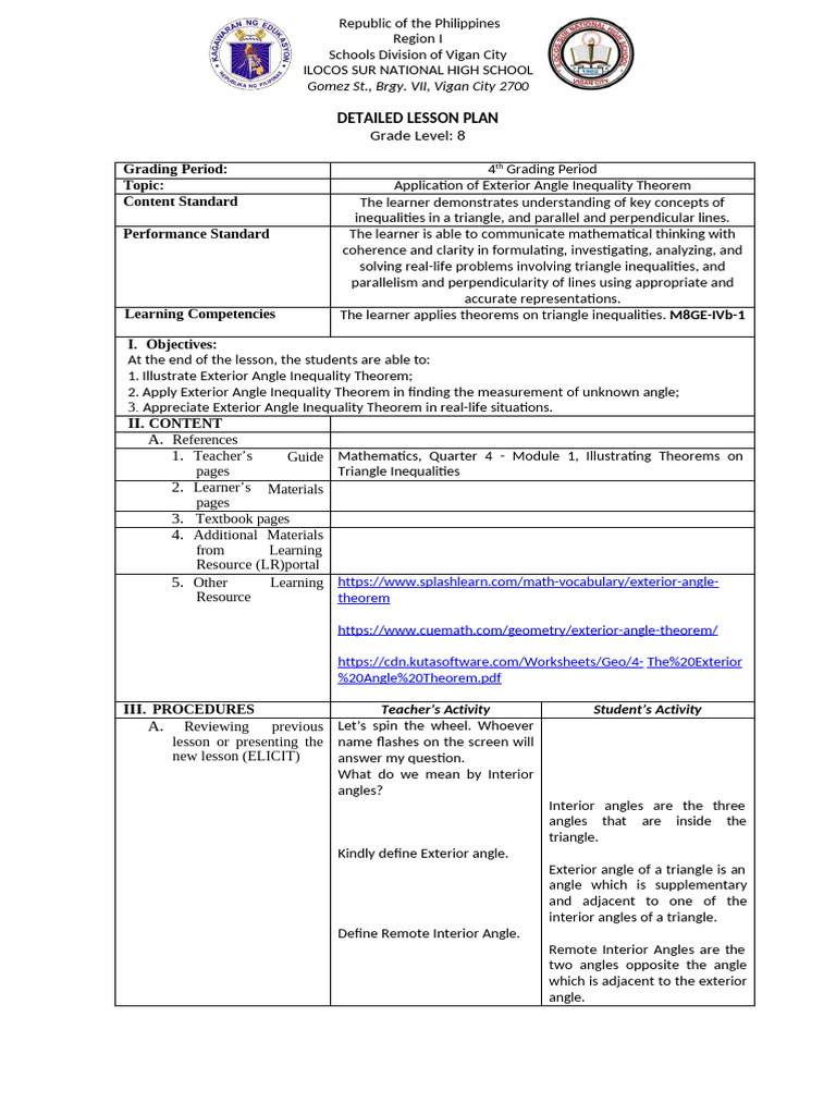 EL 3 - DLP - Application Exterior Angle Inequality Theorem | PDF ...