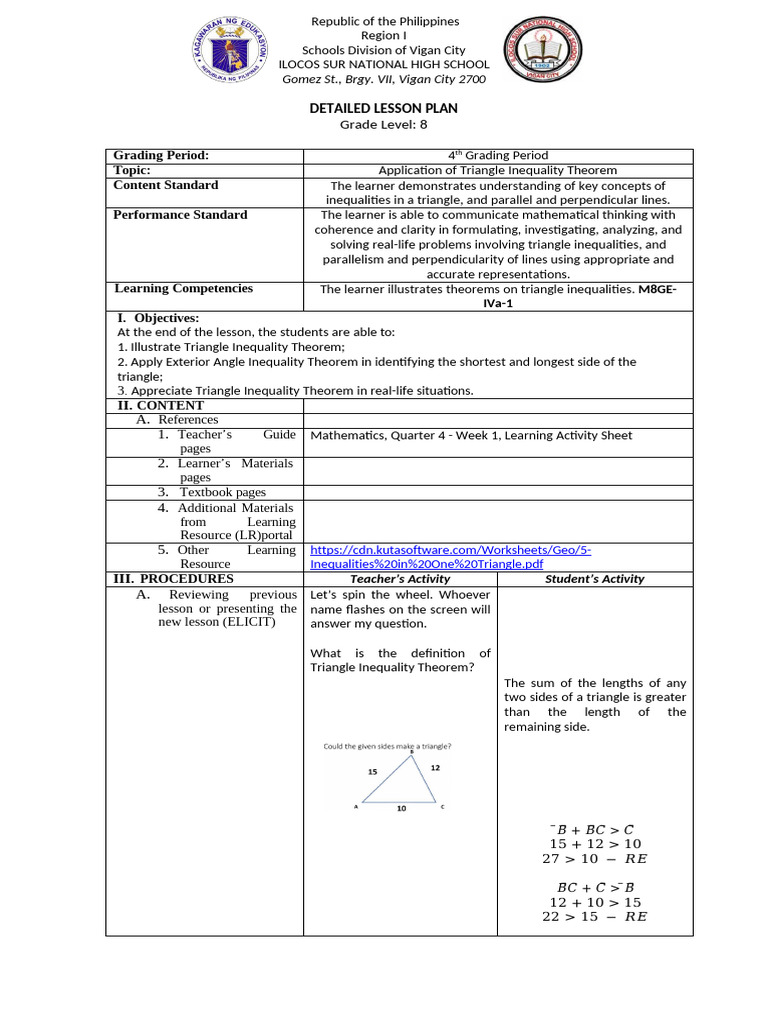 EL 3 - DLP - Application Triangle Inequality Theorem | PDF | Triangle | Learning