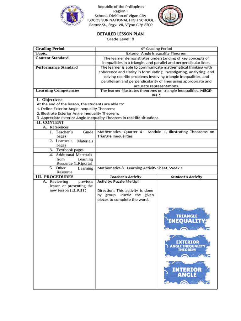 EL 3 - DLP - Exterior Angle Inequality Theorem | PDF | Triangle | Angle