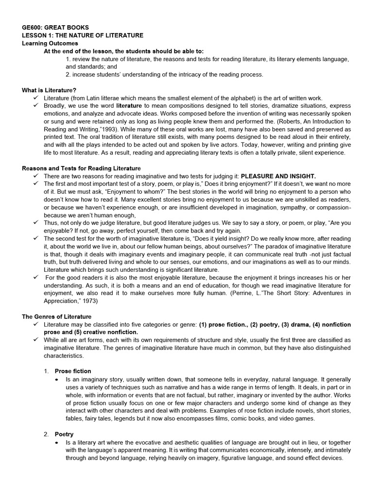 Understanding the Nature of Literature | PDF | Writing | Liberal Arts ...
