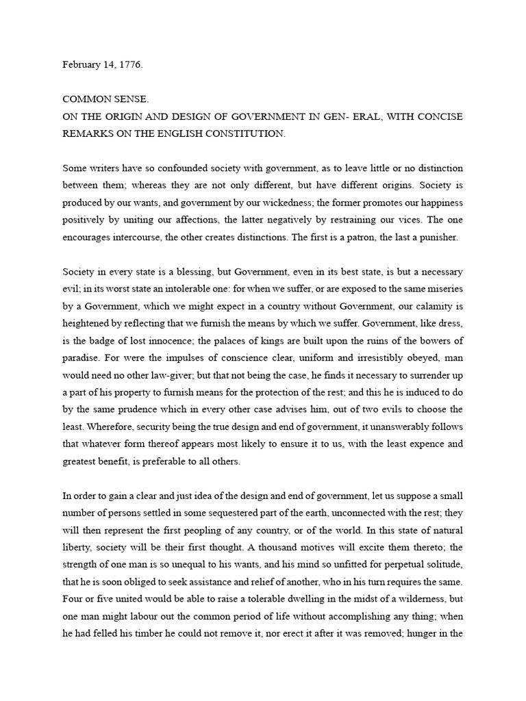 Week 2 - Common Sense (Thomas Paine) | PDF | Monarchy | Samuel