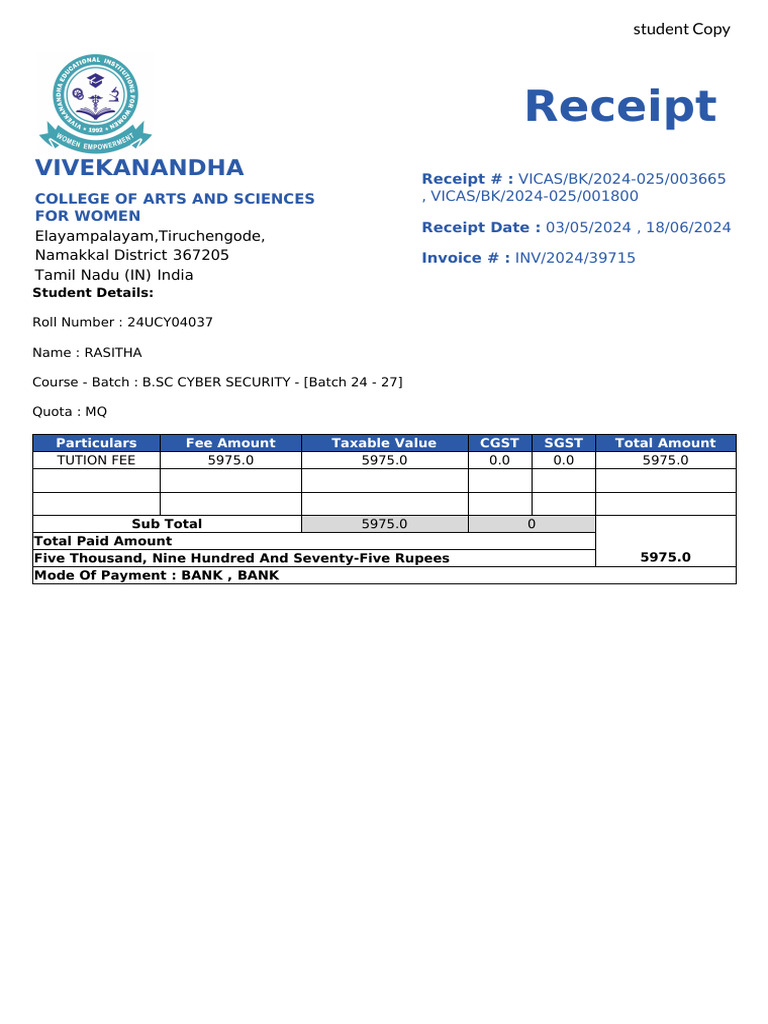 Vivekanandha College Fee Receipt | PDF