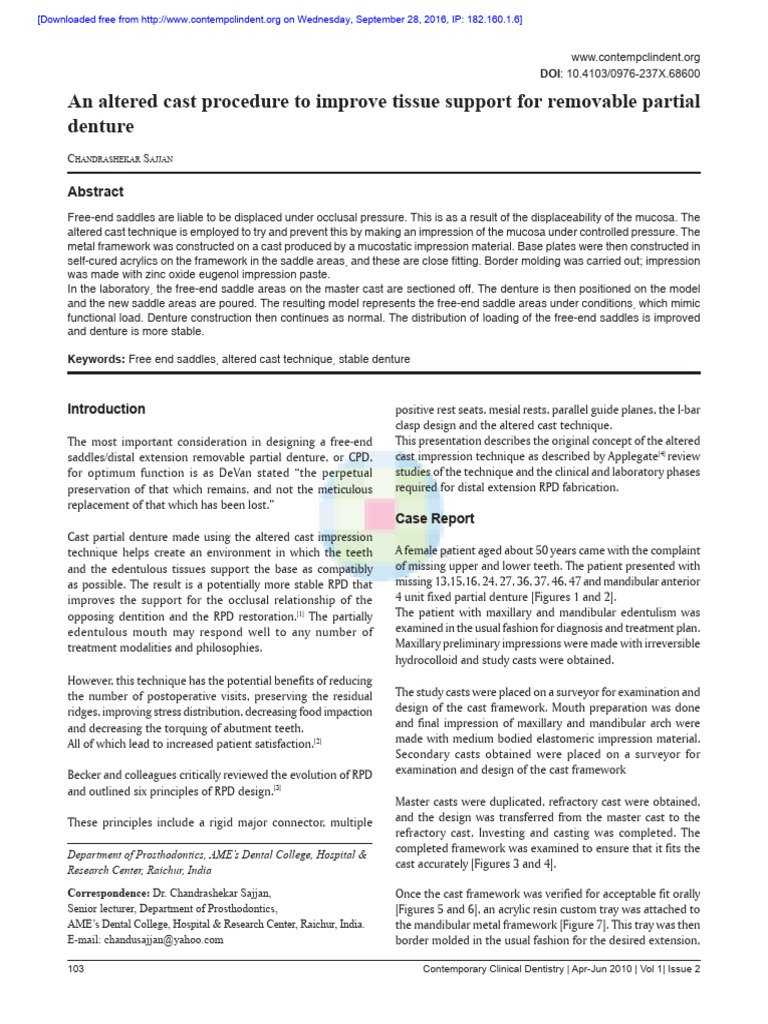 An Altered Cast Procedure To Improve Tissue Suppor | PDF | Dentures ...