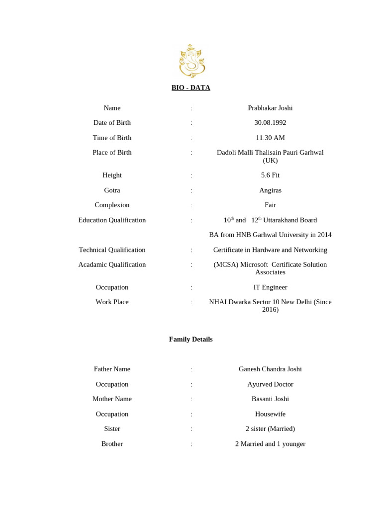 Prabhakar Joshi Bio Data | PDF