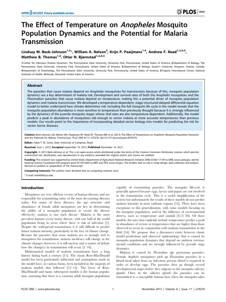The Effect of Temperature On Anopheles Mosquito Population Dynamics and ...