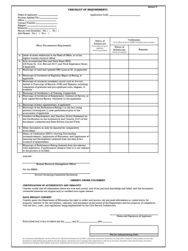 Annex C Checklist of Requirements for T1_041759 | PDF