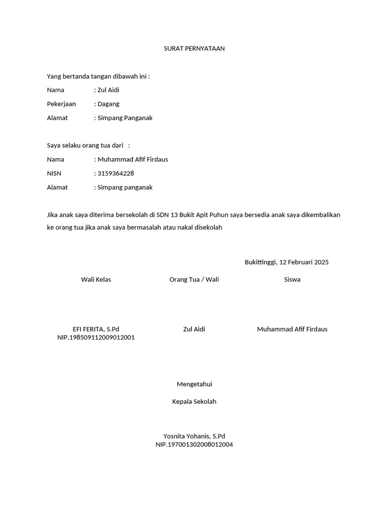 SURAT PERNYATAAN Perjanjian Siswa | PDF