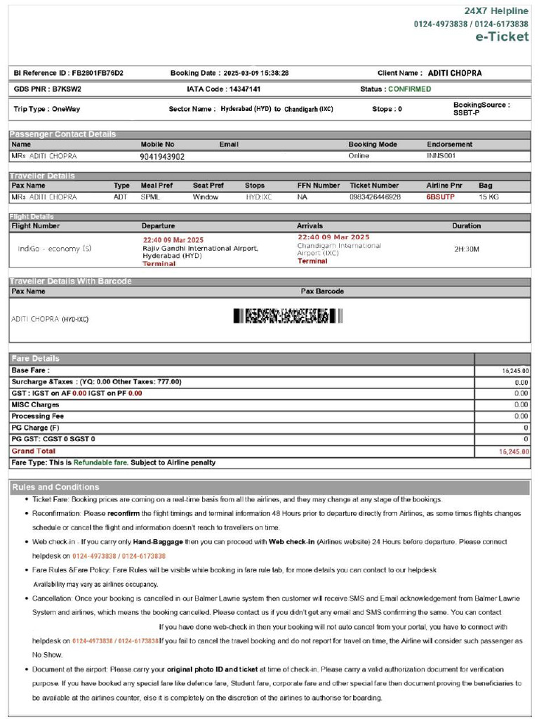 IndiGO - E-Ticket | PDF