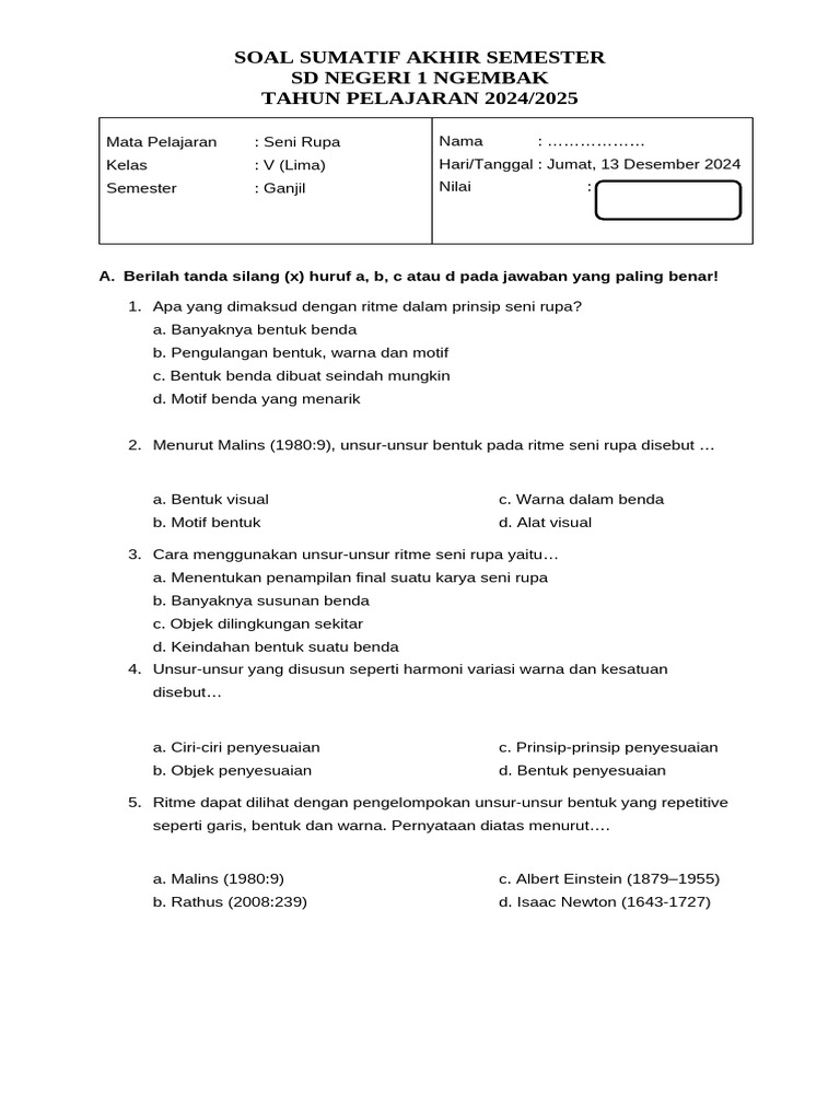 SAS 1 Seni Rupa Kelas 5 Chela | PDF