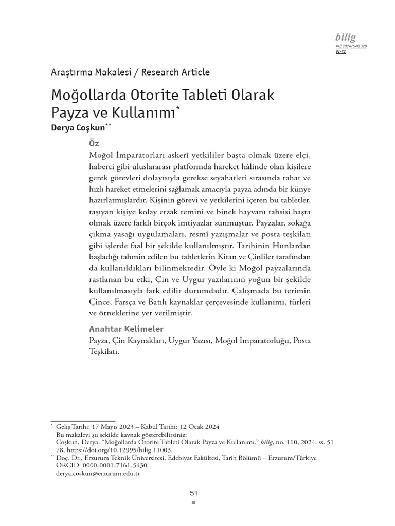 Moğollarda Otorite Tableti Olarak Payza Ve Kullanımı: Araştırma ...