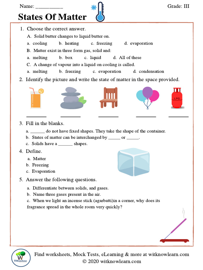 3rd Grade States of Matter Worksheet | PDF