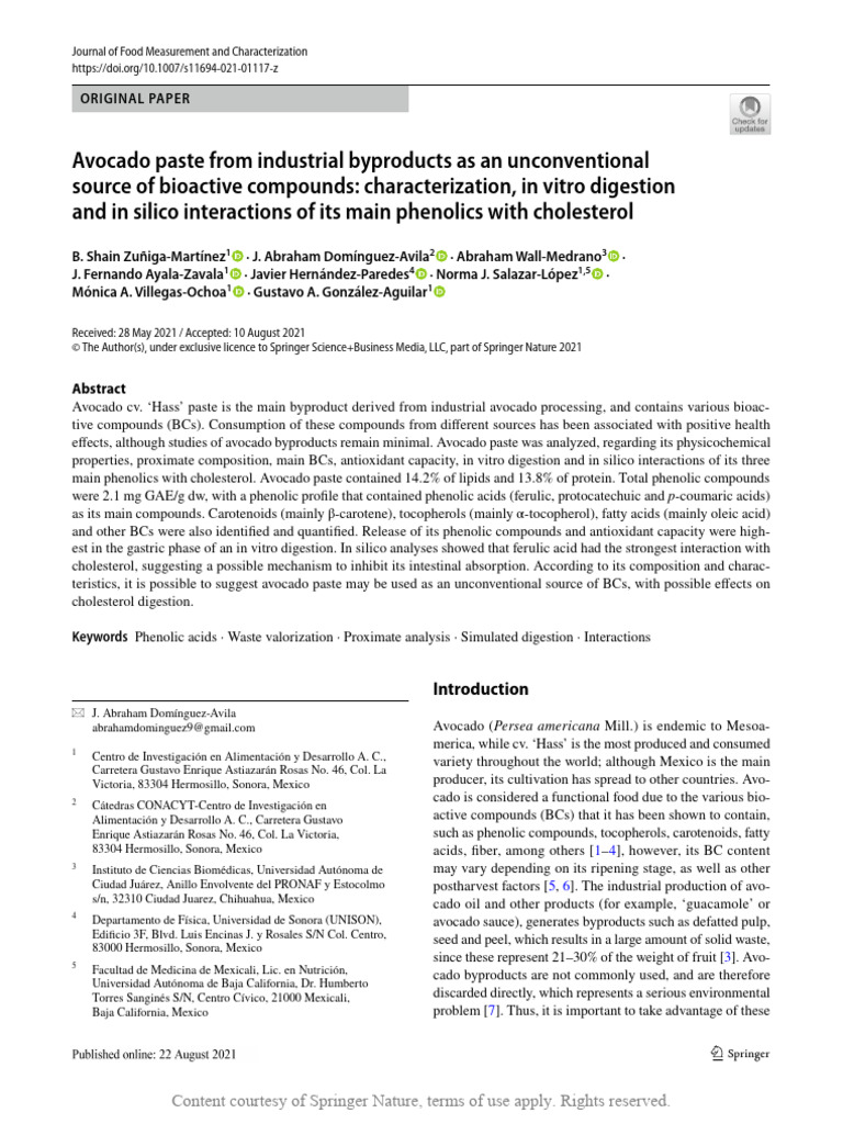 2021-JFM-Avocado Paste Shain Zuñiga in Silico | PDF | Polyphenol | High Performance Liquid ...
