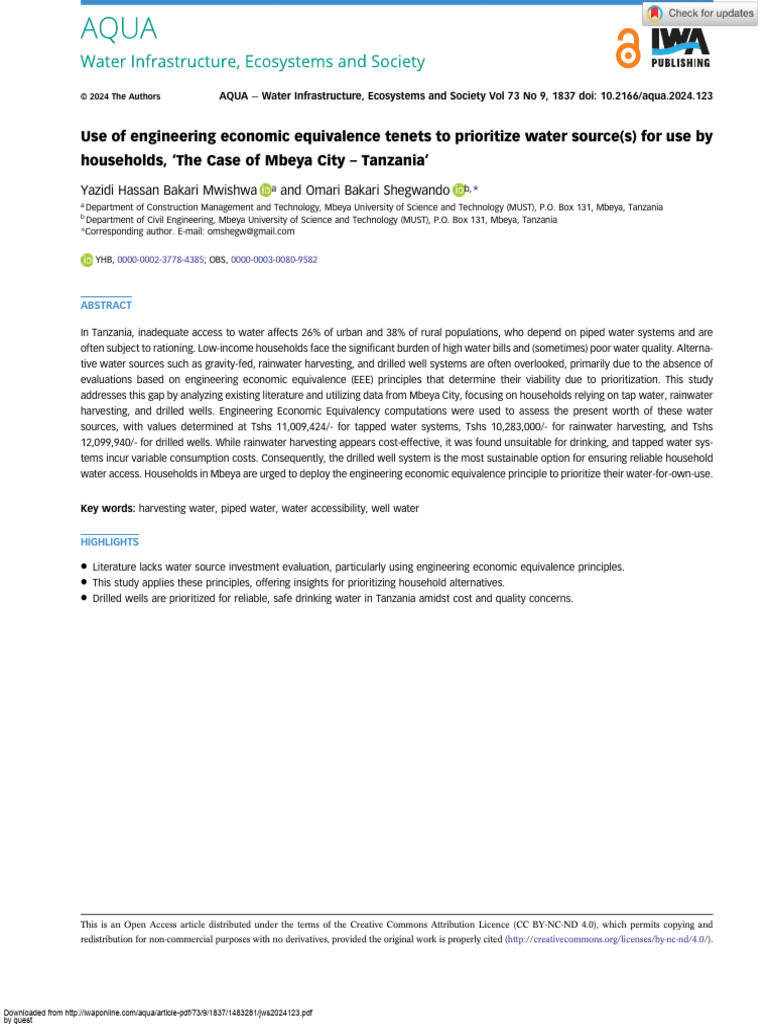 Use of Engineering Economic Equivalence Tenets To Prioritize Water ...