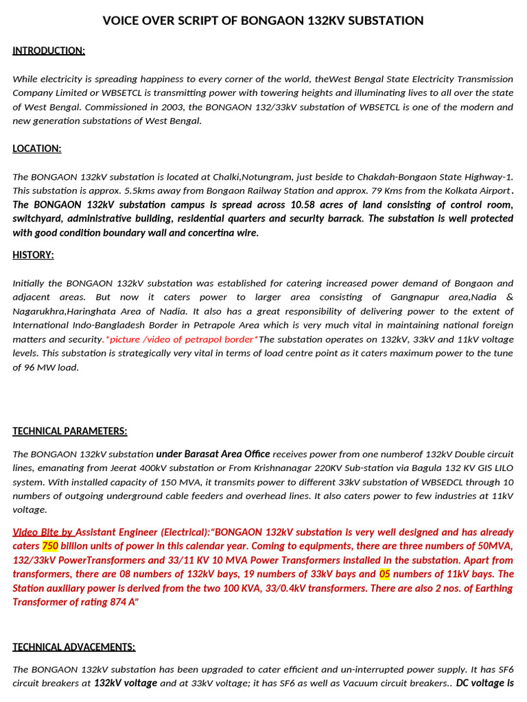 VO Script BNG 132kV Substation-1 | PDF | Electronics | Electromagnetism