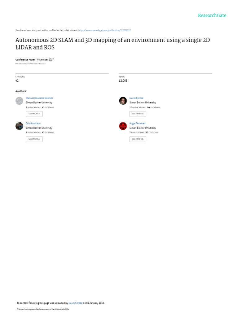 Autonomous 2D SLAM and 3D Mapping of An Environment Using A Single 2D LIDAR and ROS | PDF ...