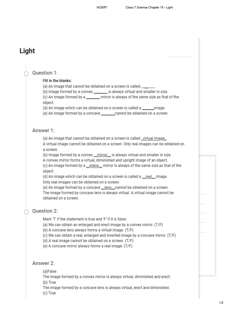 Drill Sheet Class 7 Light | PDF | Light | Optics