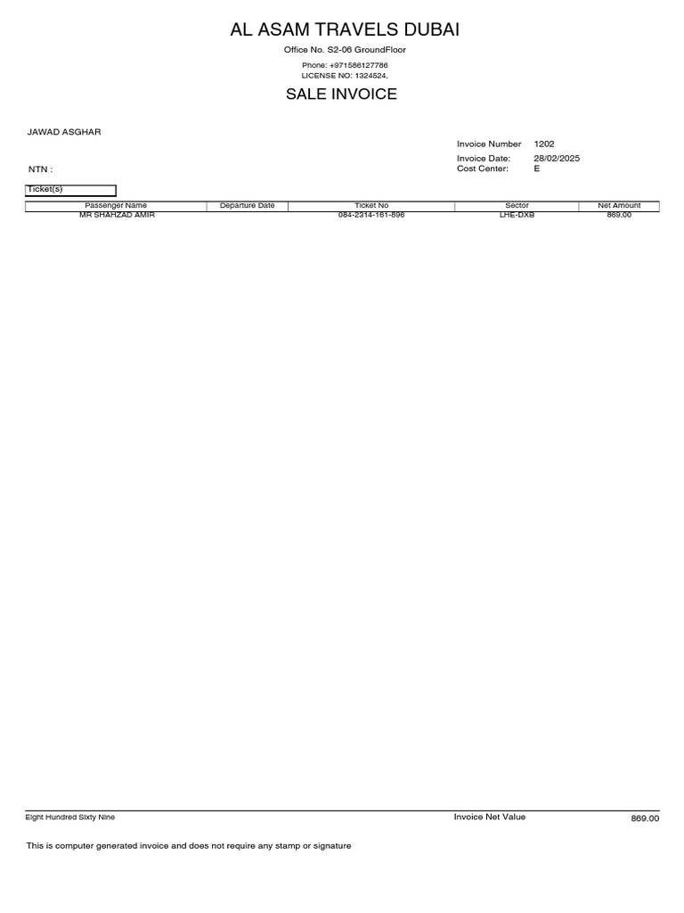 Dubai Travel Invoice for Shahzad Amir | PDF