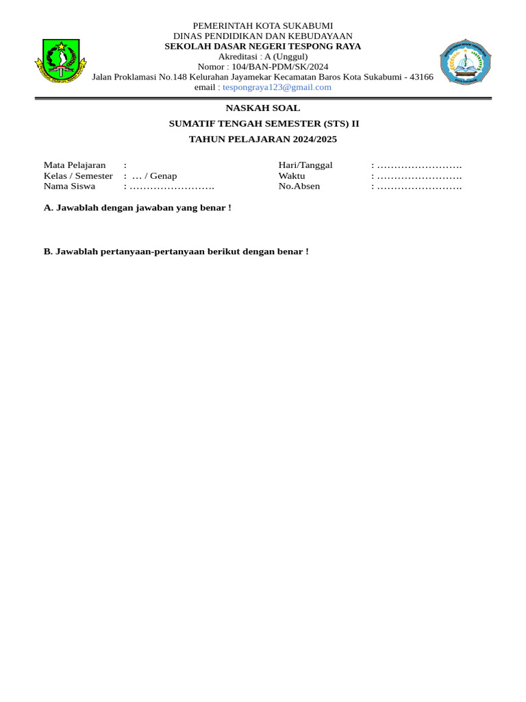Soal STS II SDN Tespong Raya 2024/2025 | PDF