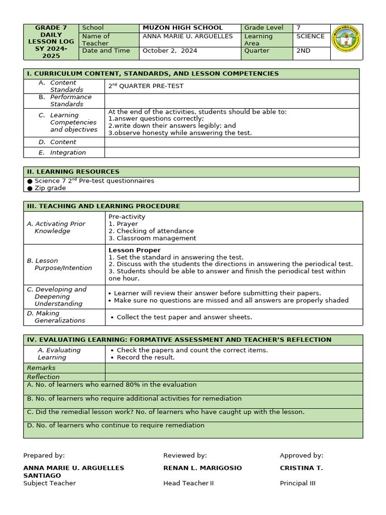 DLL 2024 Second Quarter Pre-Test | PDF | Educational Assessment | Teachers