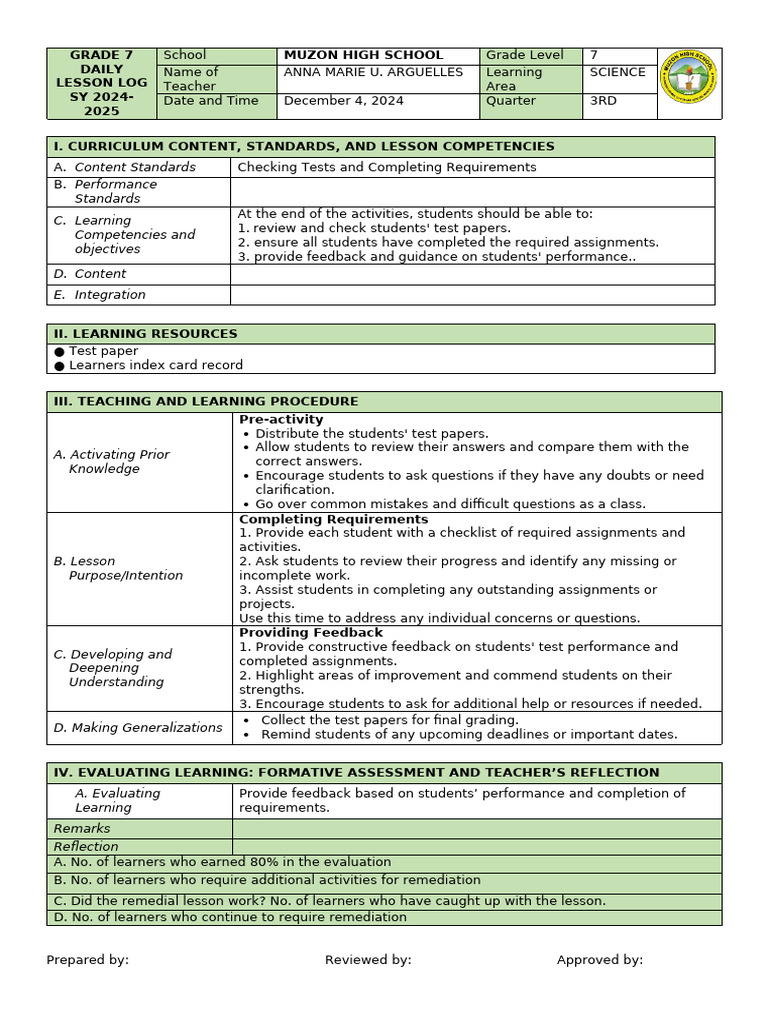Grade 7 Science Lesson Log 2024-2025 | PDF | Educational Assessment ...