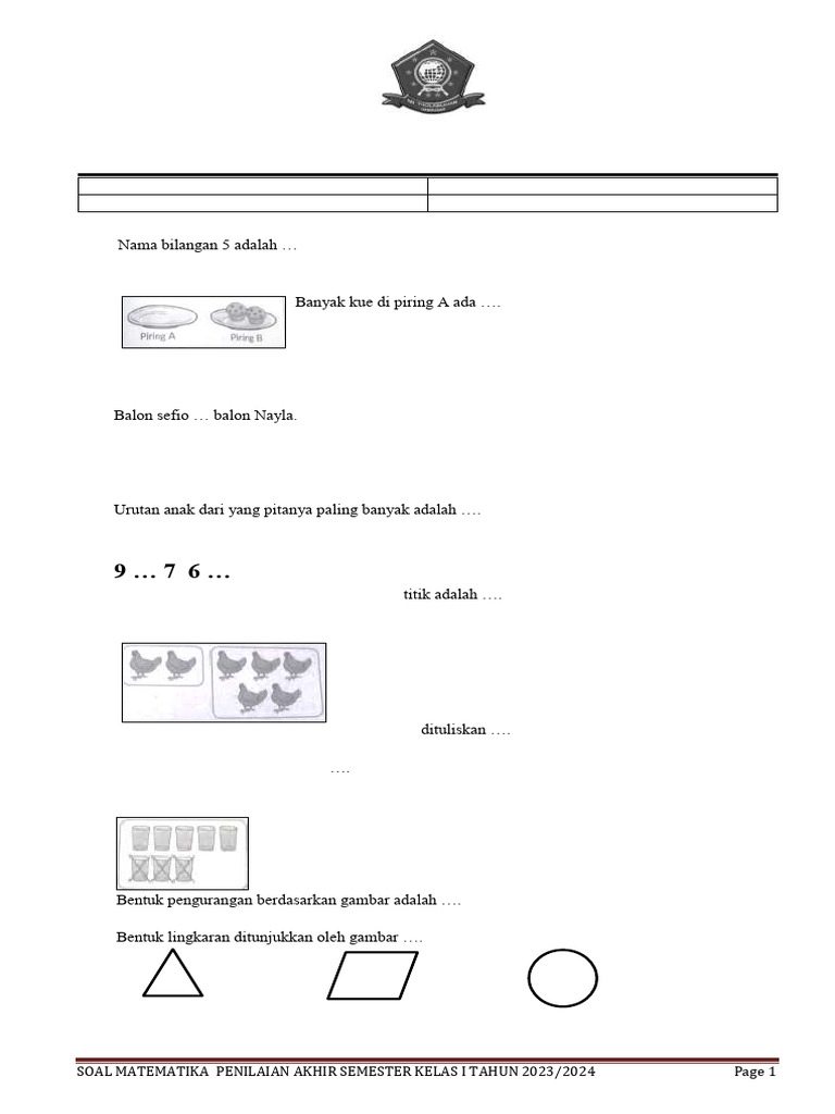 SOAL KELAS 1 PAS MTK GANJIL | PDF