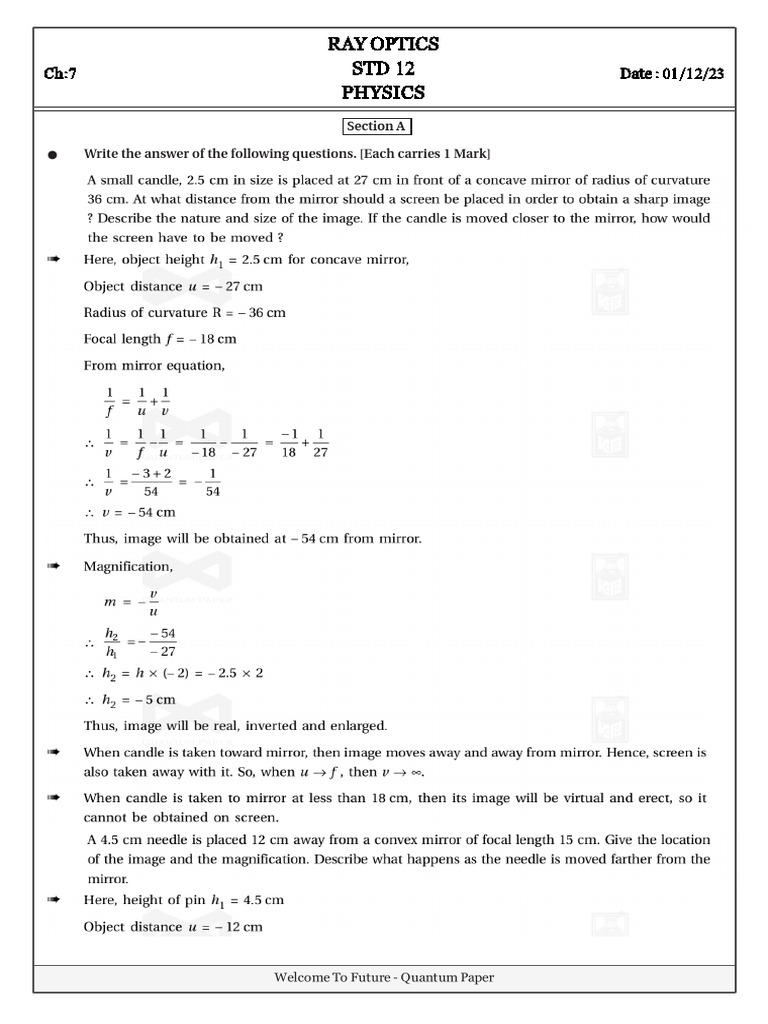 RAY OPTICS NCERT SOLUTIONS (1) | PDF