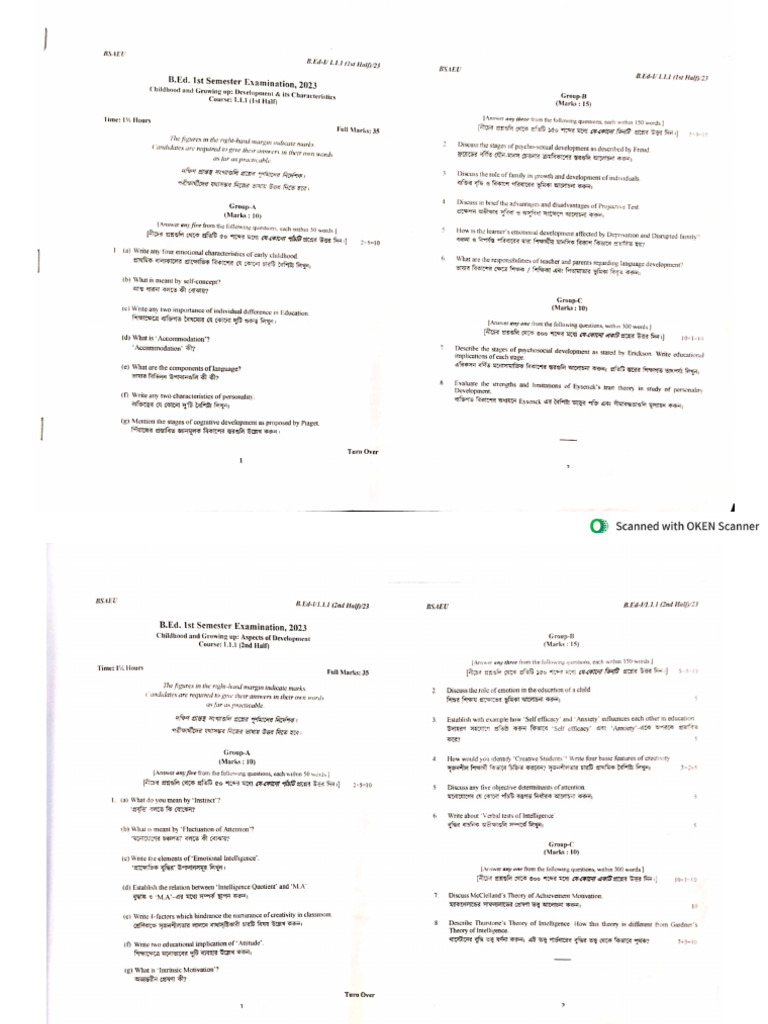 PYQ 2020-2023 of B.ed 1st Semester | PDF
