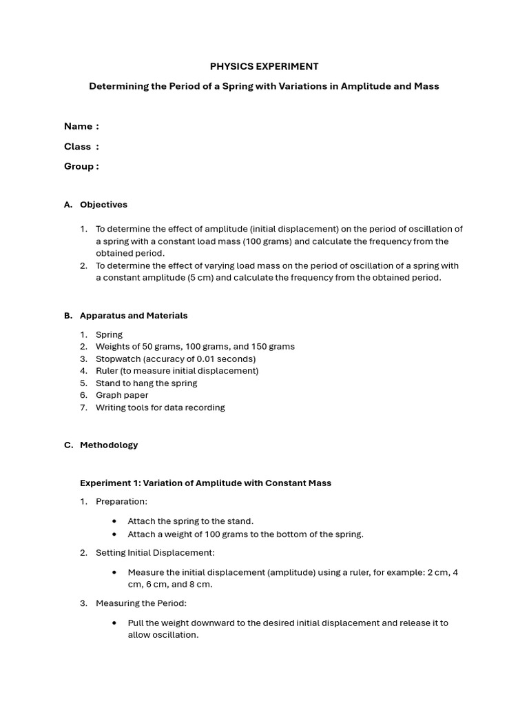 PHYSICS EXPERIMENT PAPER - Spring | PDF | Oscillation | Weight