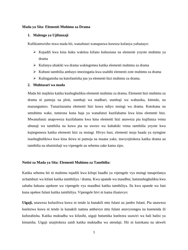 Notisi Za Mada Ya Sita Elementi Muhimu Za Drama | PDF