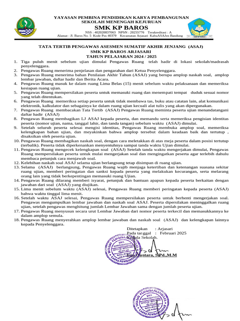 Tata Tertib Peserta Dan Pengawas Us 2025 | PDF