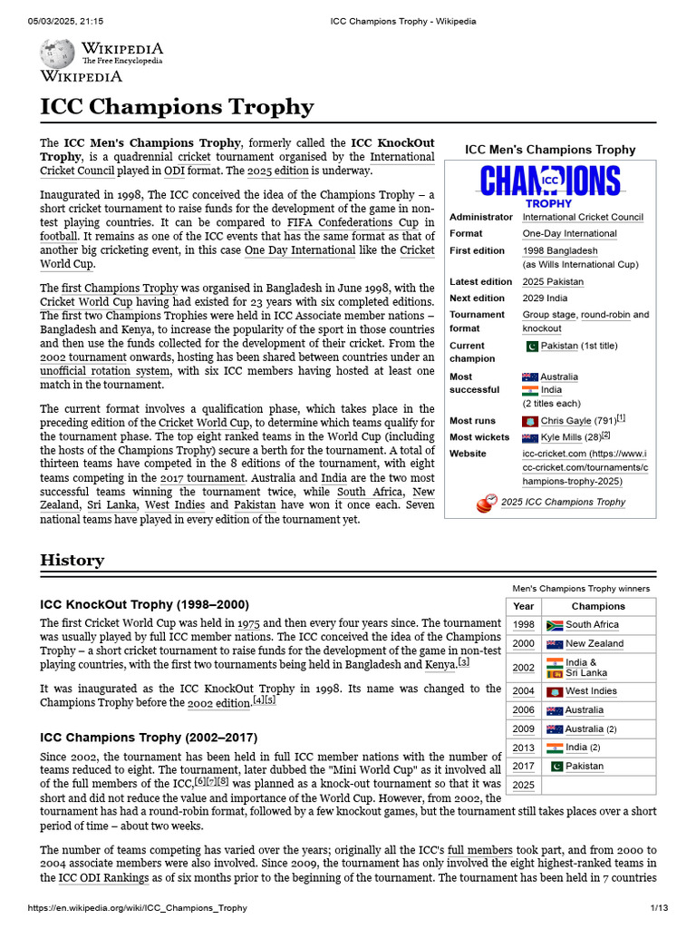 ICC Champions Trophy - Wikipedia | PDF | Sports | Athletic Sports