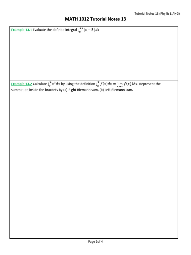 Calculus IA Tutorial Notes: Integrals | PDF