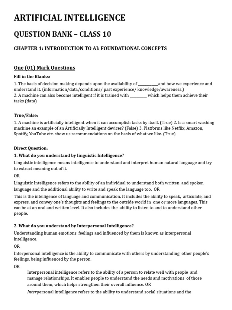 Class 10 AI Question Bank Overview | PDF | Artificial Intelligence ...