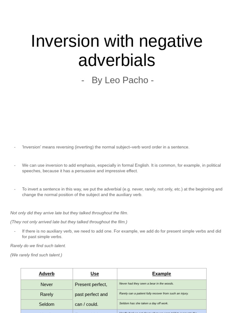 Inversion With Negative Adverbials - Leo Pacho | PDF | Verb | Subject (Grammar)