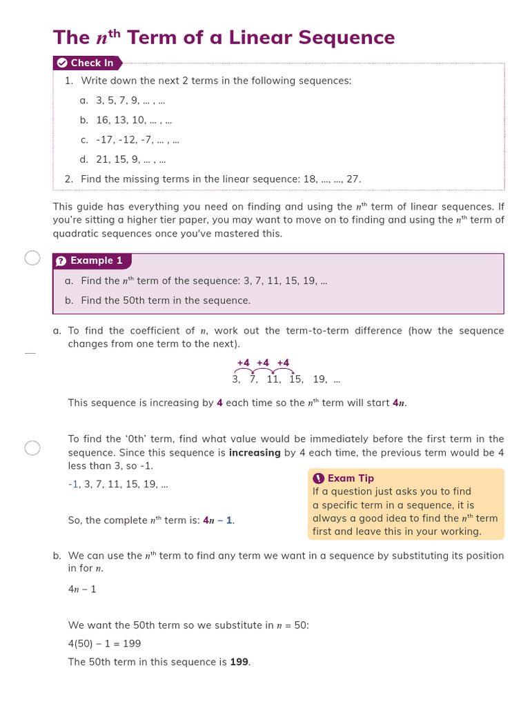 The nth Term of a Linear Sequence | PDF | Sequence | Discrete Mathematics