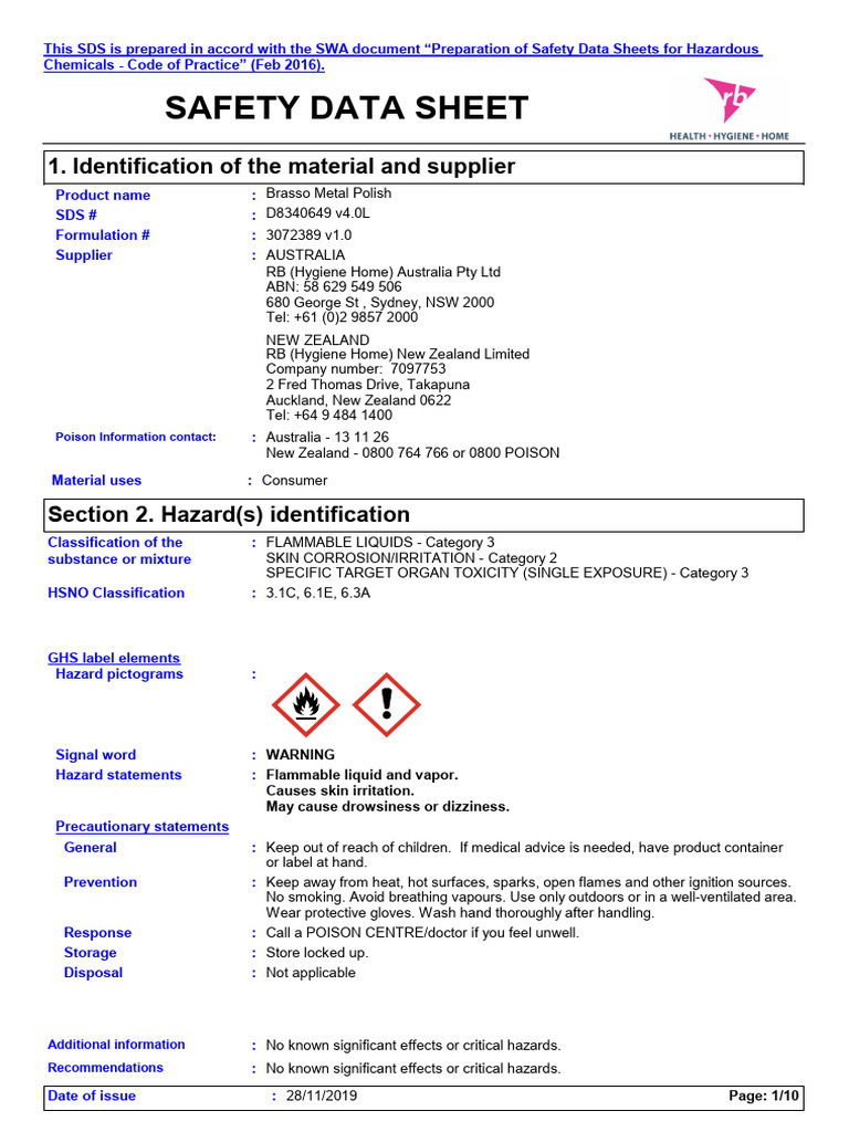 Brasso Metal Polish Safety Data Sheet | PDF | Dangerous Goods | Safety