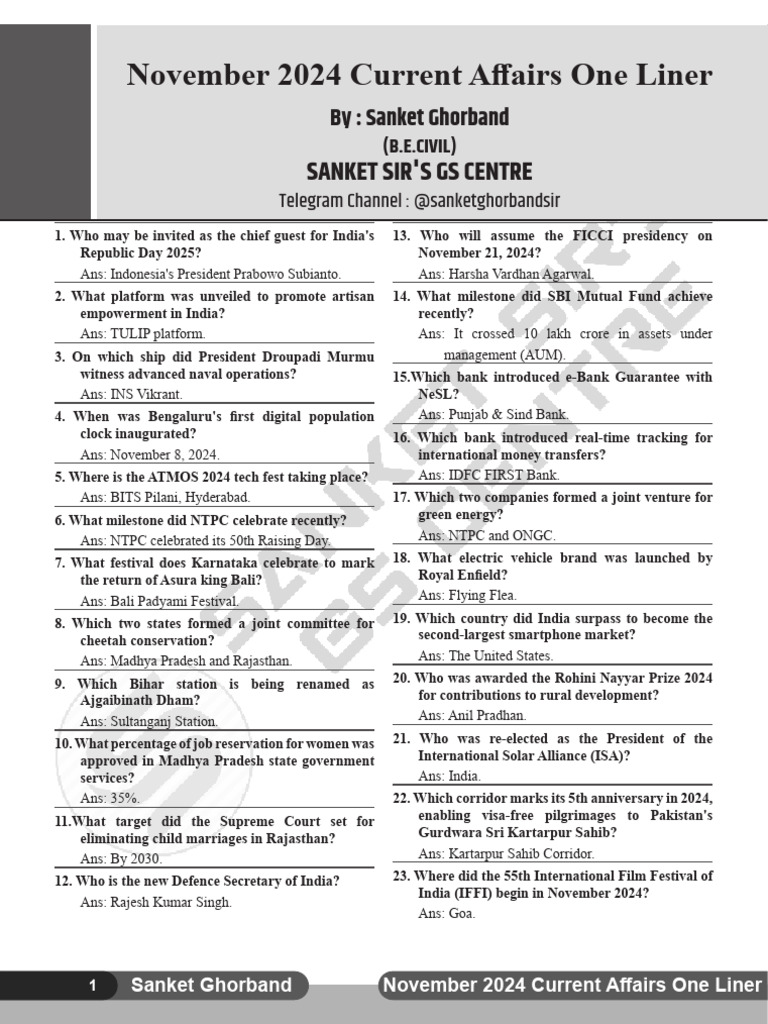 Nov. 2024 Current Affairs One Liner | PDF