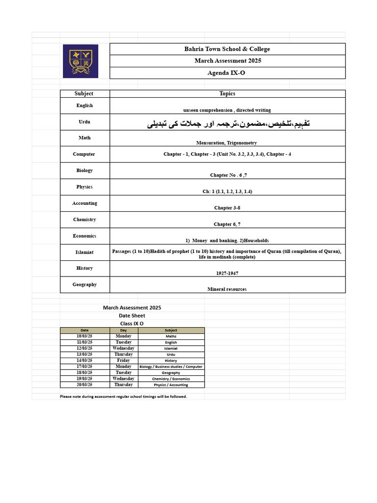 March Assessment Agenda & Date Sheet 9-O Levels | PDF | Abrahamic ...